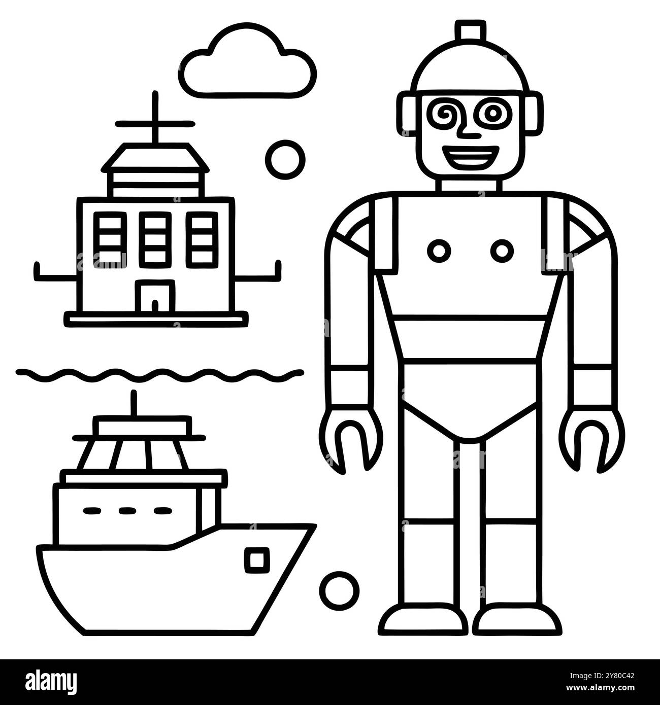 A friendly robot stands tall. with a building. a boat and a cloud in ...