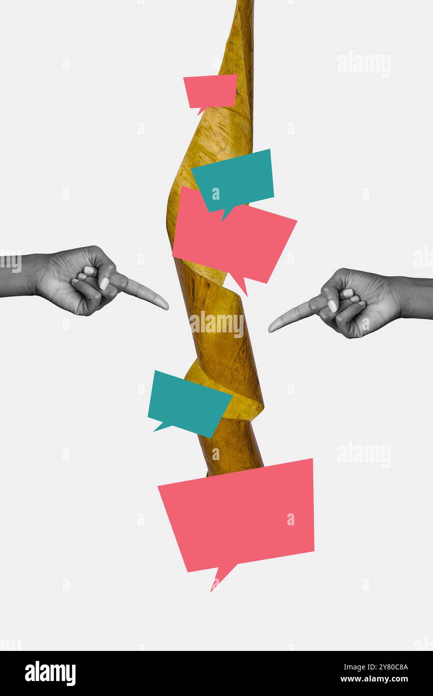 Vertical photo collage of hands point flypaper stack text box lie ...