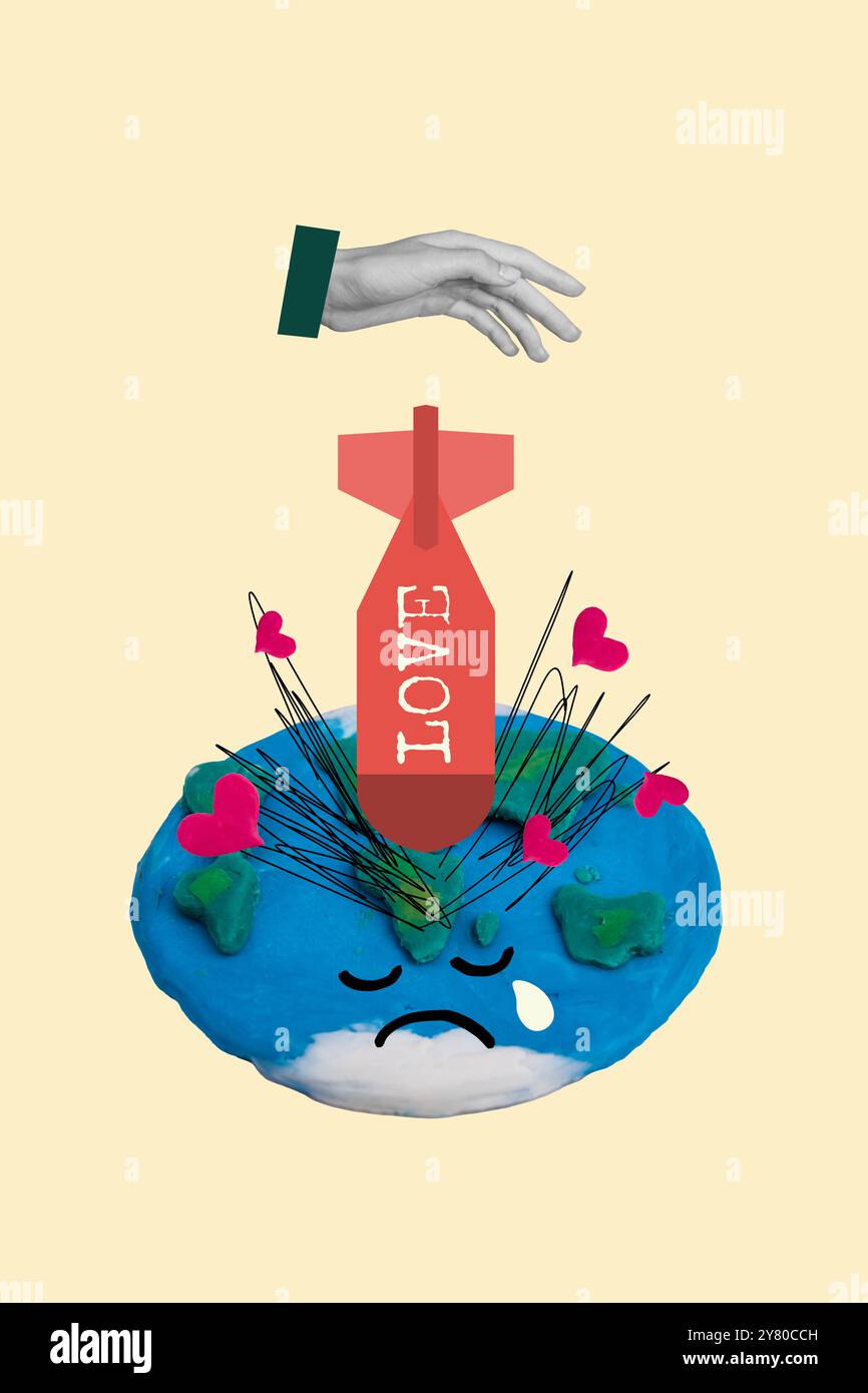 Vertical photo collage of sad earth emoji cry hand volunteer throw ...