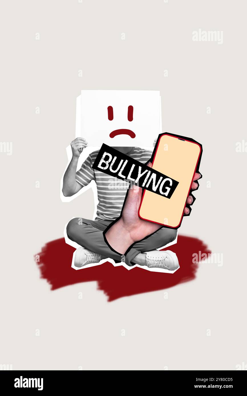 Vertical photo collage of human instead head avatar sad emoji hand hold ...