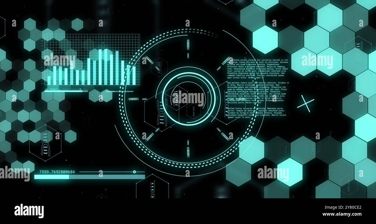 Image of scopes and scientific data processing over black background ...