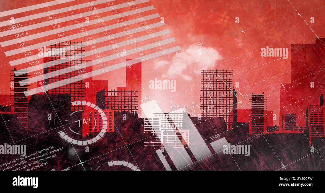 Image of charts processing data over sunset cityscape Stock Photo - Alamy