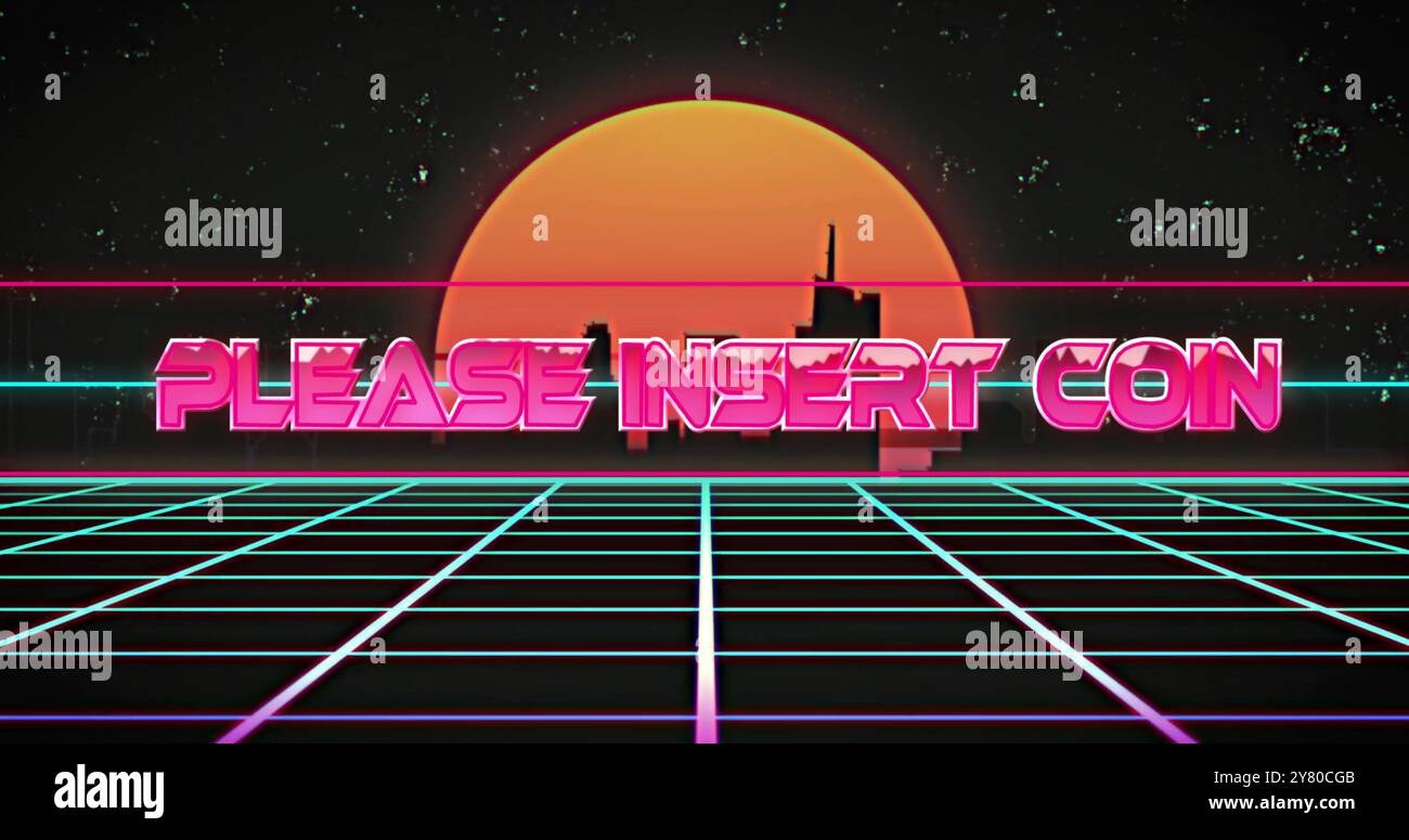 Image of please insert coin text over digital city and sun on black ...