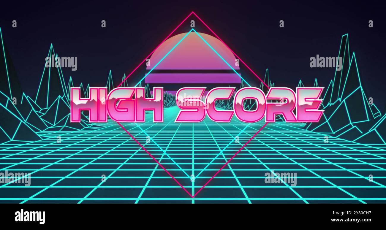 Image of high score text over digital mountains and sun on black ...