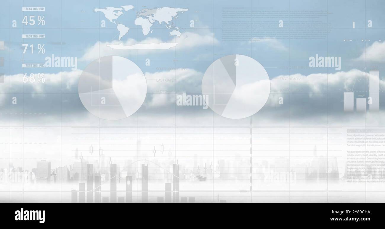 Image of charts processing data over cloudy sky and cityscape Stock ...