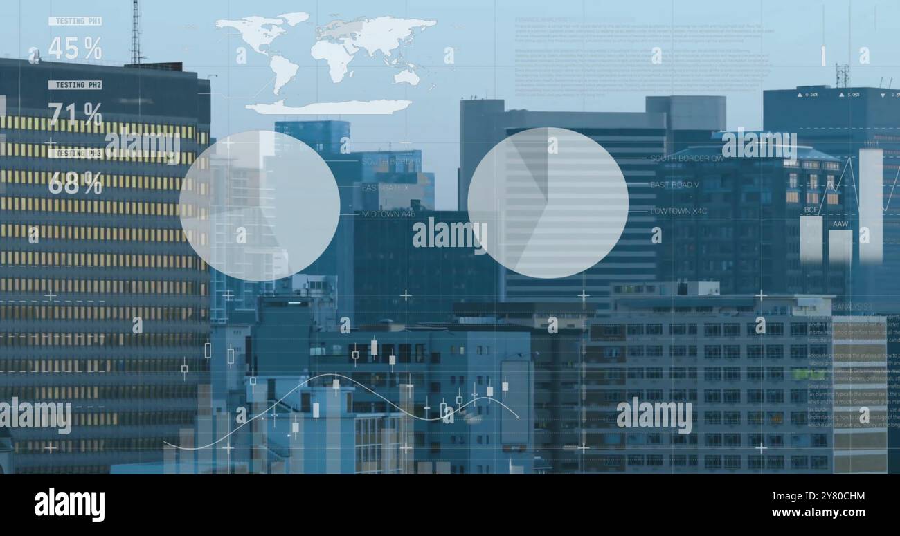 Image of charts processing data over modern cityscape Stock Photo - Alamy