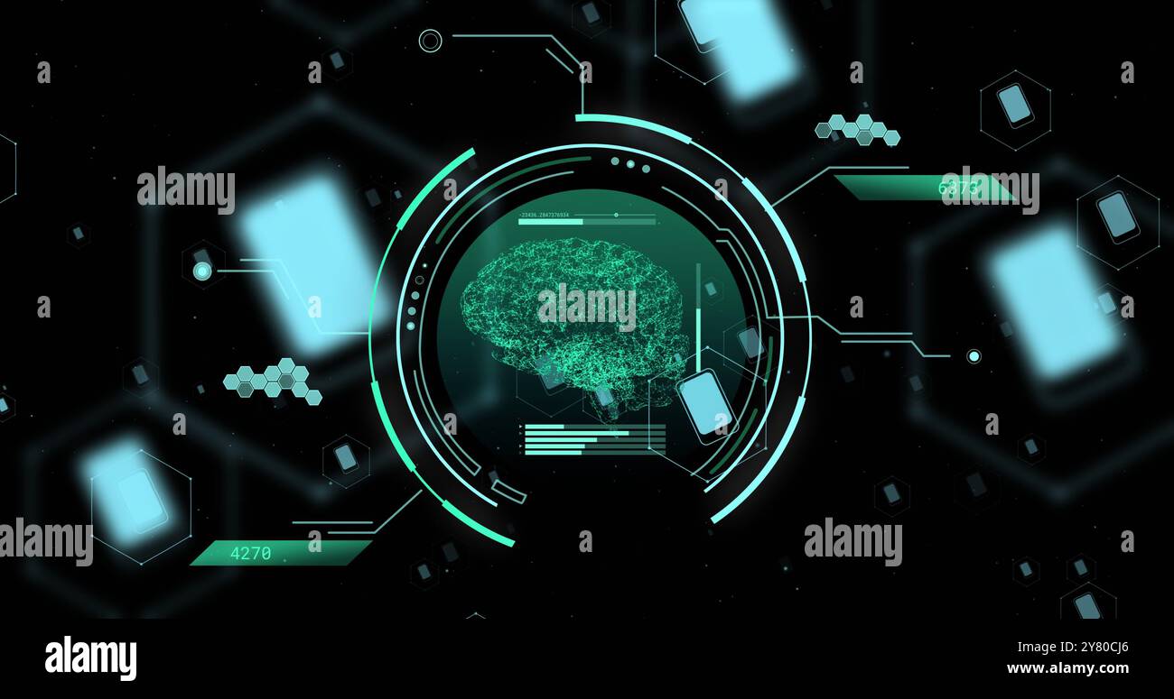 Image of scope, human brain and scientific data processing over black ...