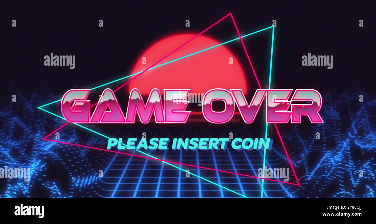 Image of game over text over digital waves and sun on black background ...