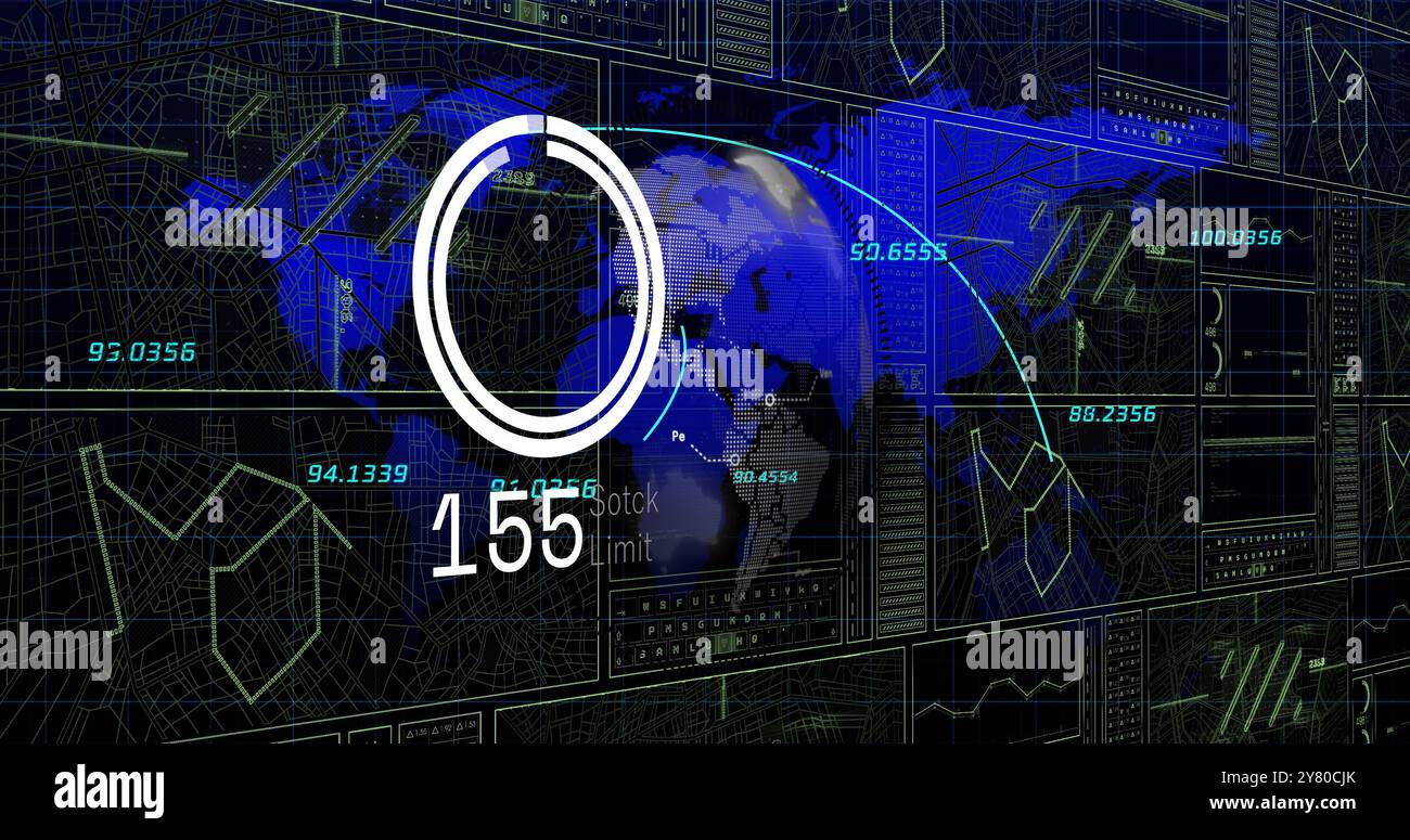 Image of scopes with data processing with world map over black ...