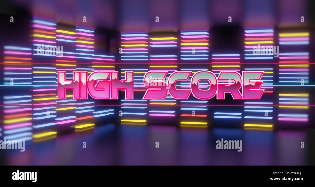 Image of high score text over neon columns on black background Stock ...