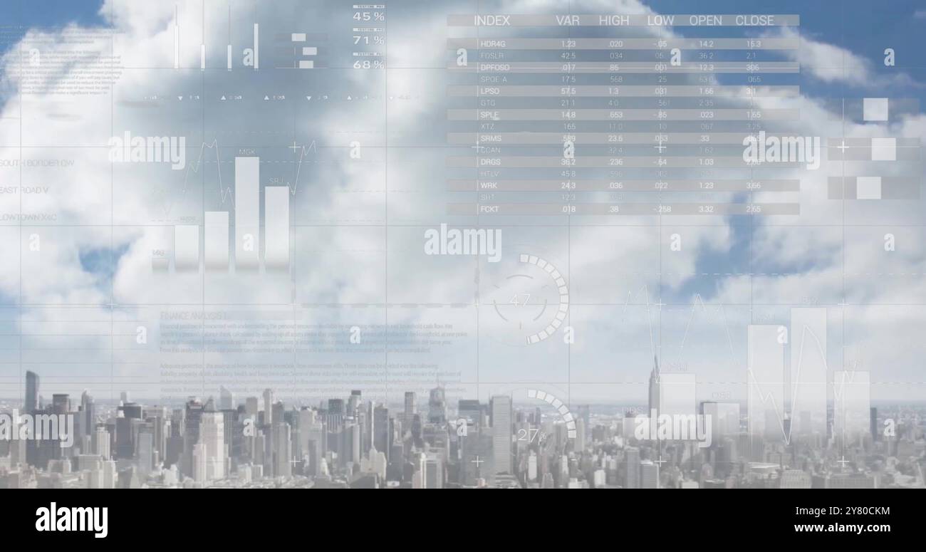 Image of charts processing data over cloudy sky and cityscape Stock Photo - Alamy