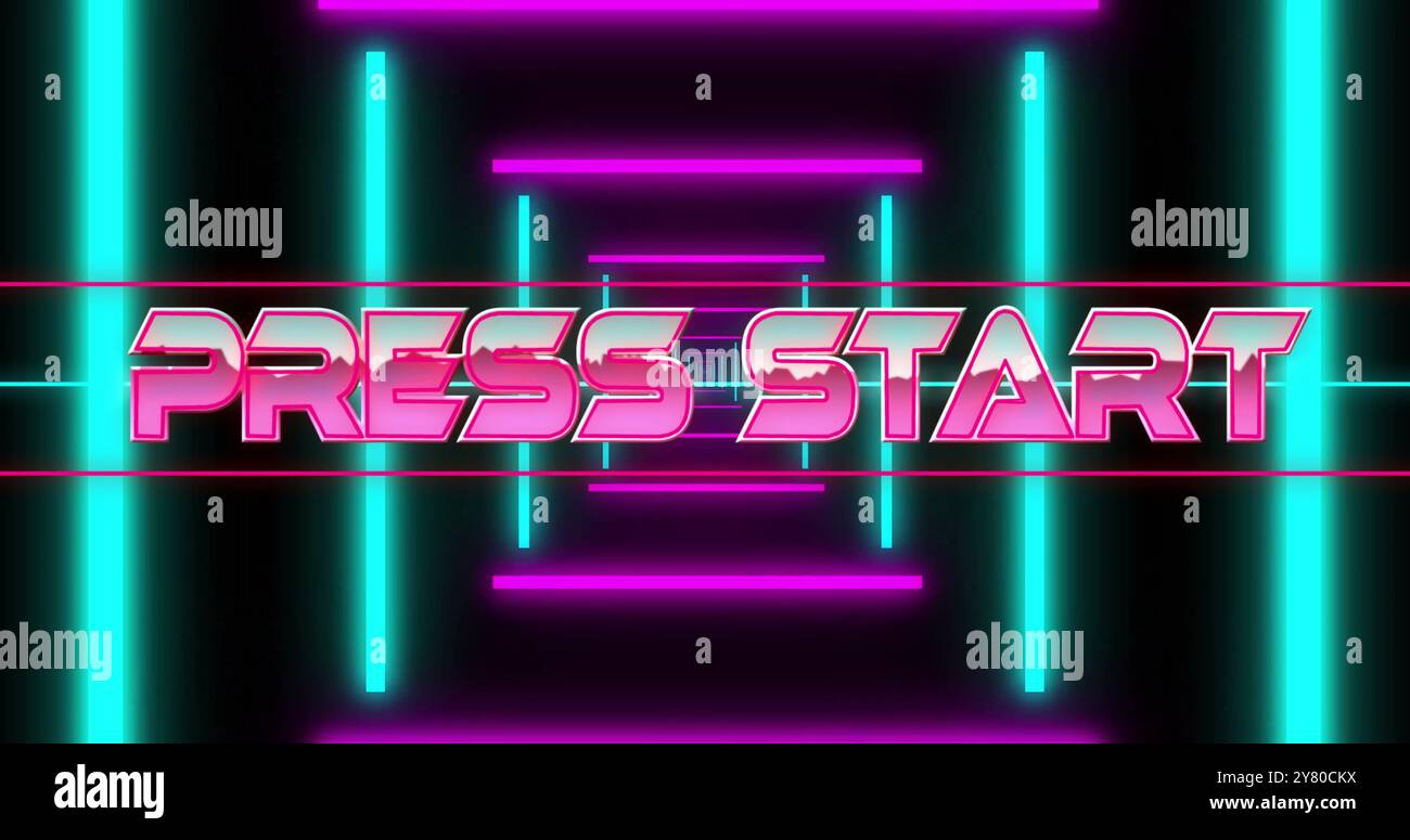 Image of press start text over neon tunnel on black background Stock ...