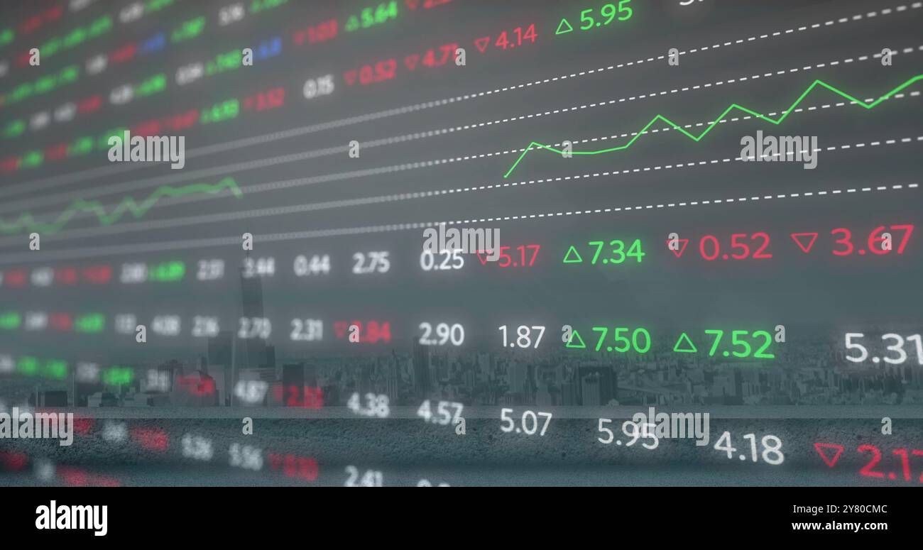 Image of stock market and diagrams over cityscape Stock Photo - Alamy