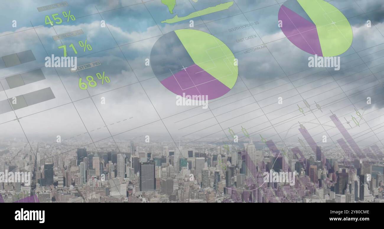 Image of charts processing data over modern cityscape Stock Photo - Alamy
