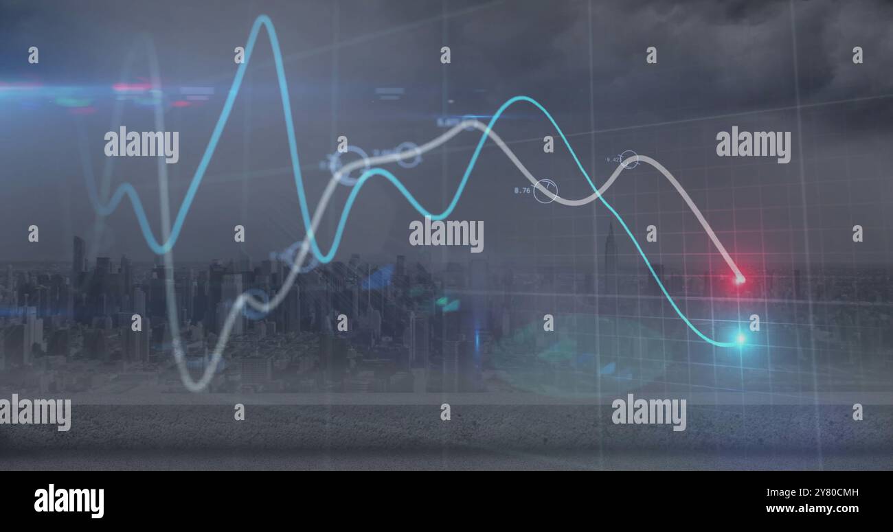 Image of light spots and diagrams over cityscape Stock Photo - Alamy