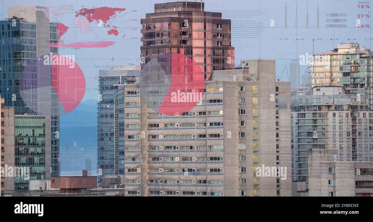 Image of charts processing data over sunny modern cityscape. Data ...