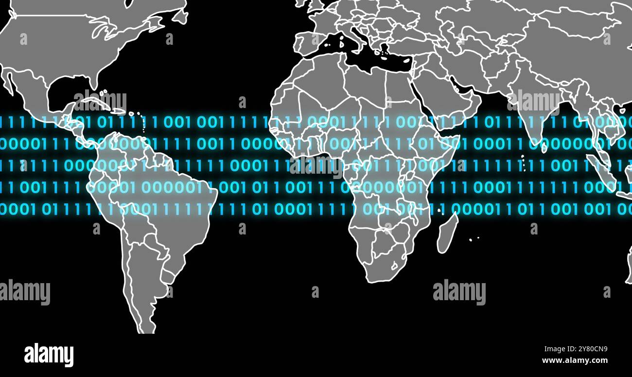 Image of binary coding, world map and data processing over black ...