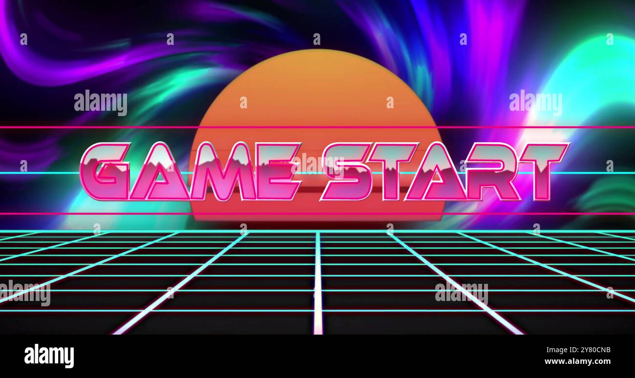 Image of game start text over digital sun and colourful light trails on ...