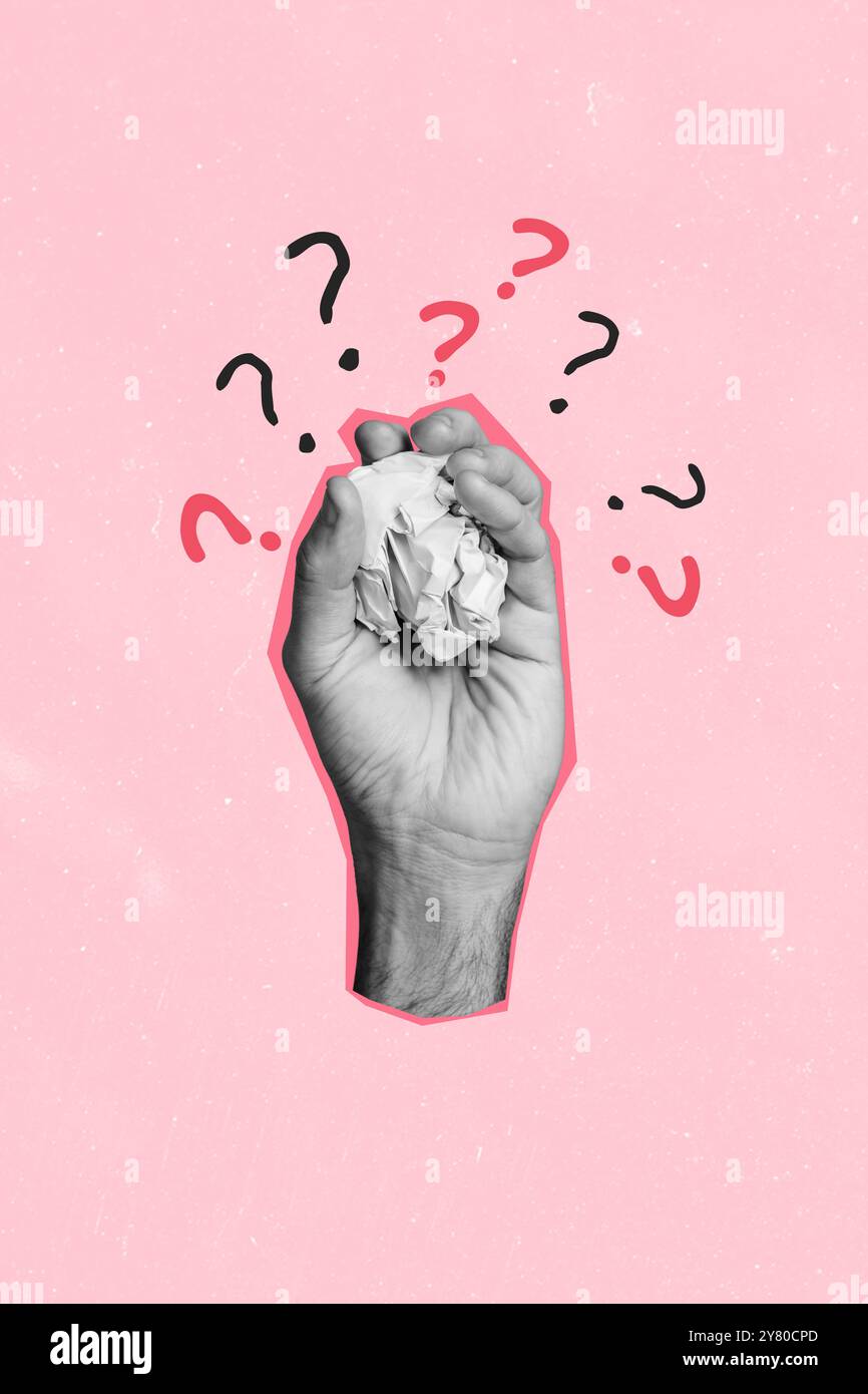 Vertical photo collage of human hand hold folded crumpled paper work ...