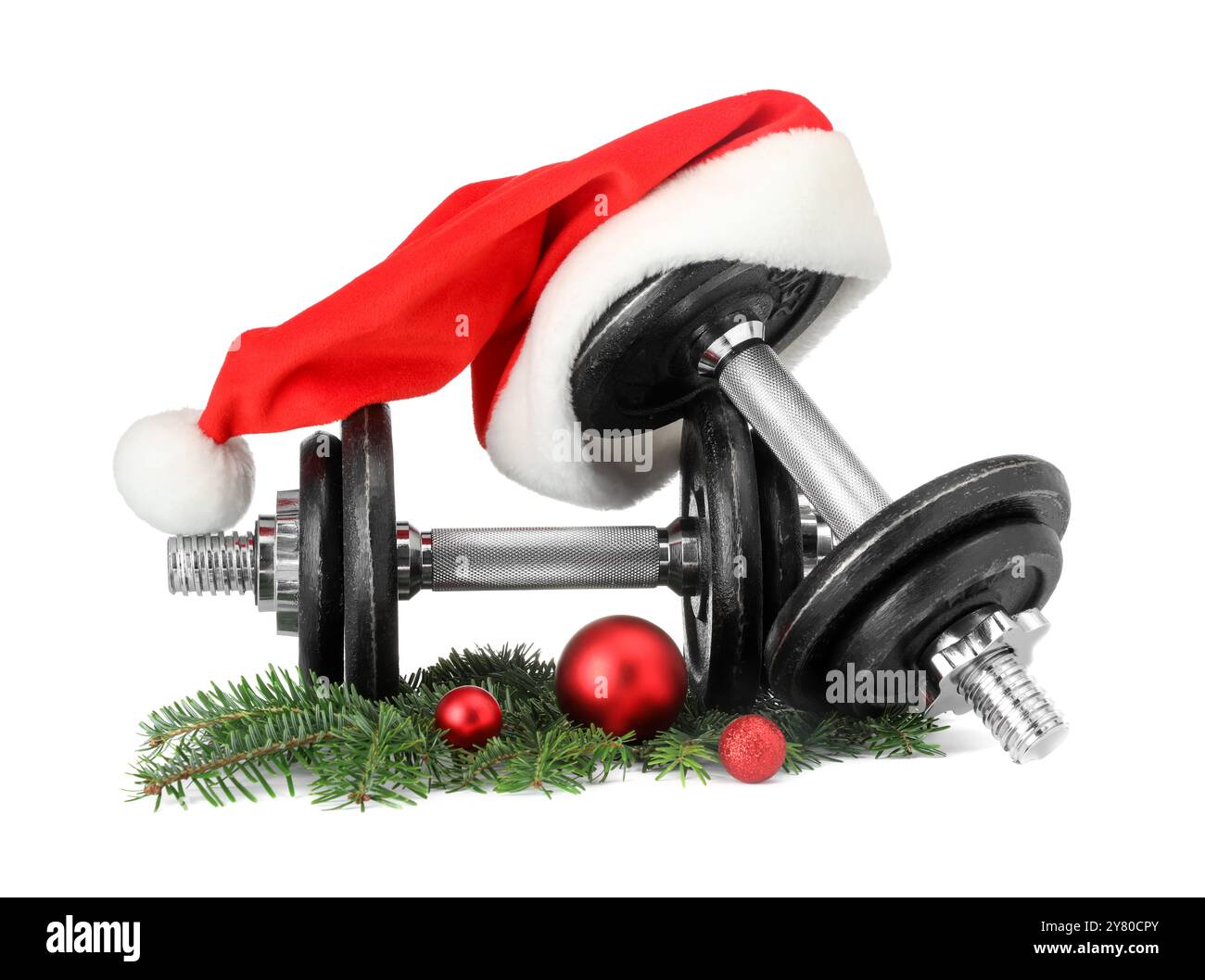 Dumbbells and Christmas decor isolated on white Stock Photo - Alamy