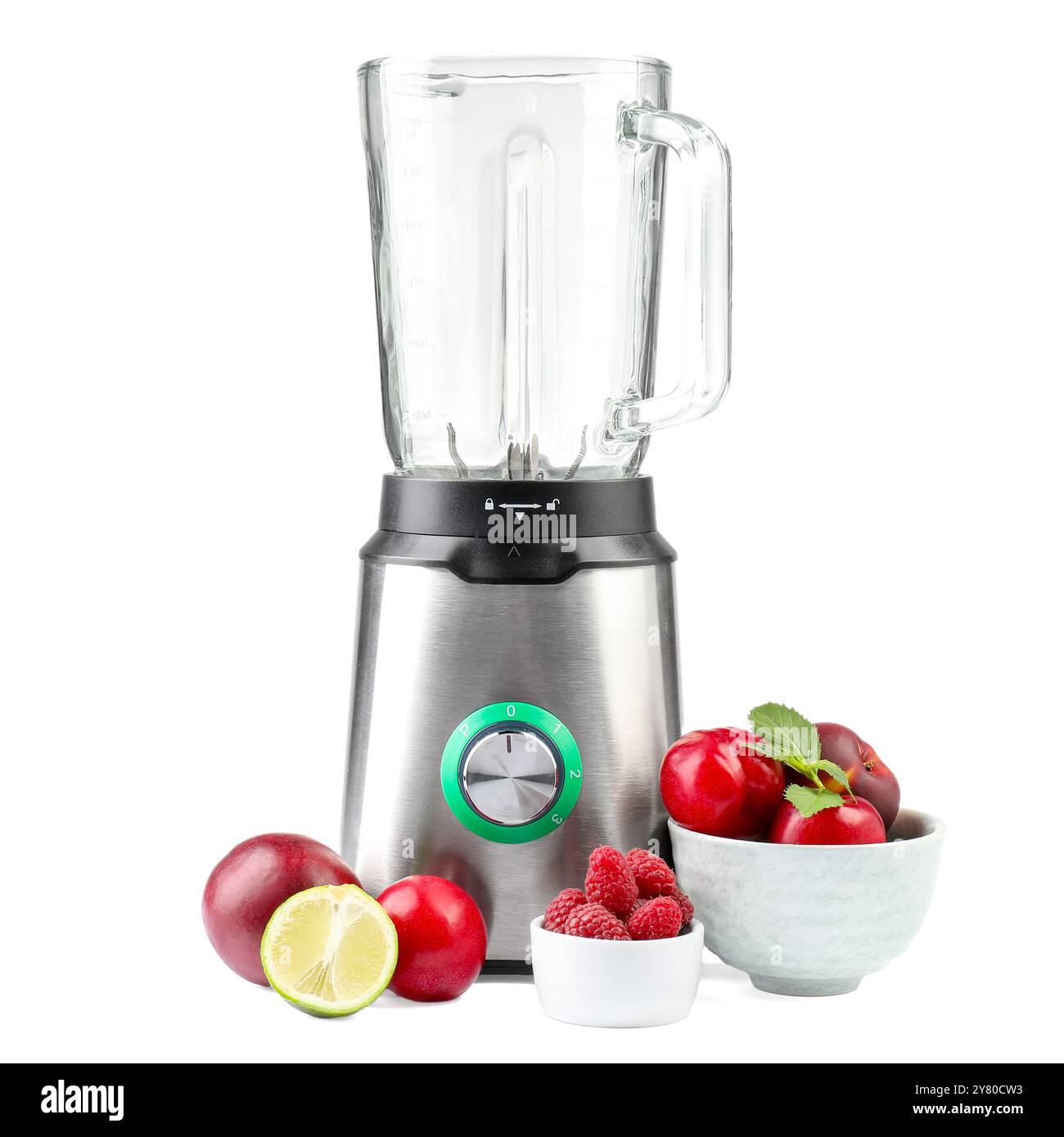 Blender and fresh ingredients isolated on white Stock Photo - Alamy