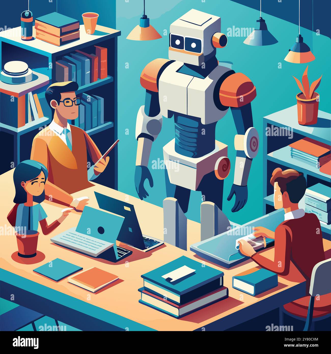 A friendly AI robot stands in a modern office setting. interacting with ...