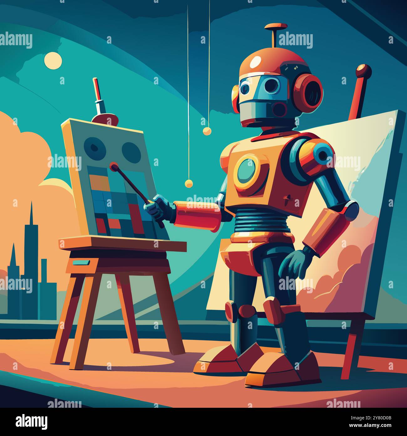 A cartoon robot artist holds a paintbrush. poised to paint on a blank ...