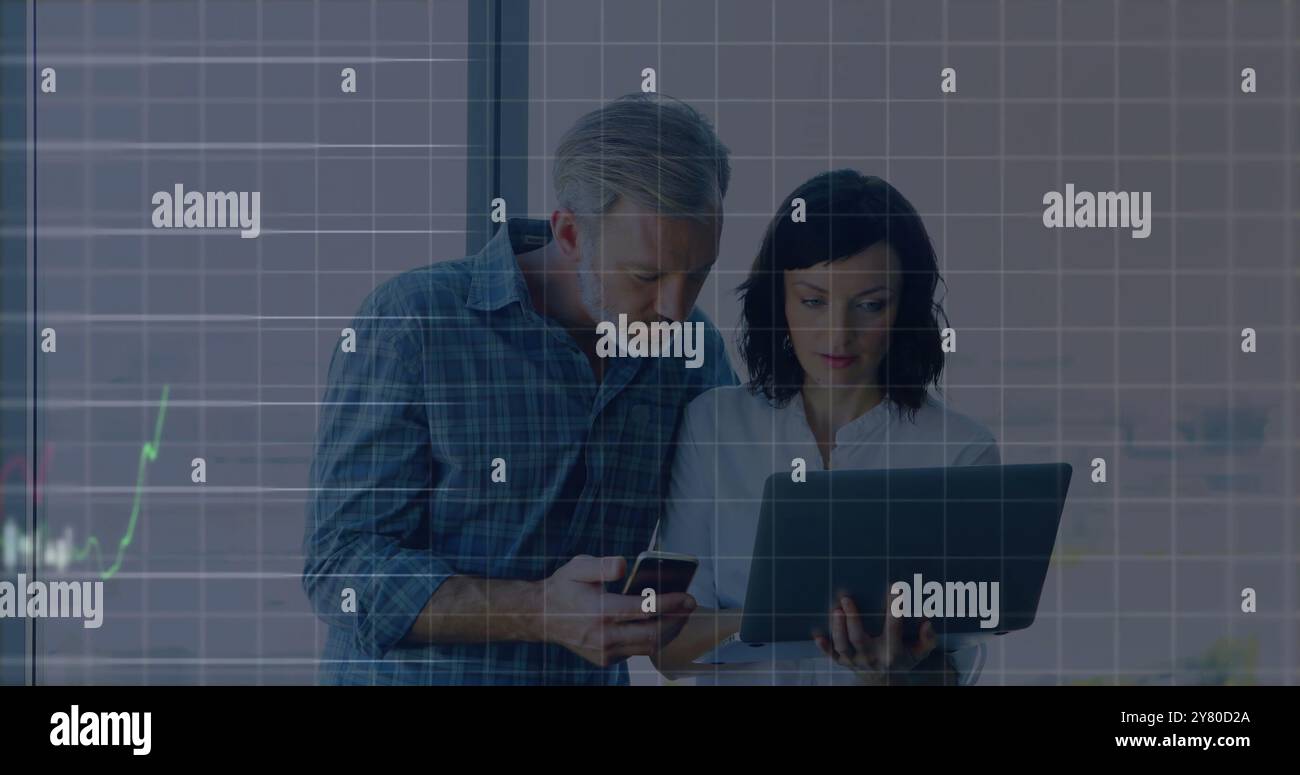 Image of data processing and diagrams over diverse business people ...