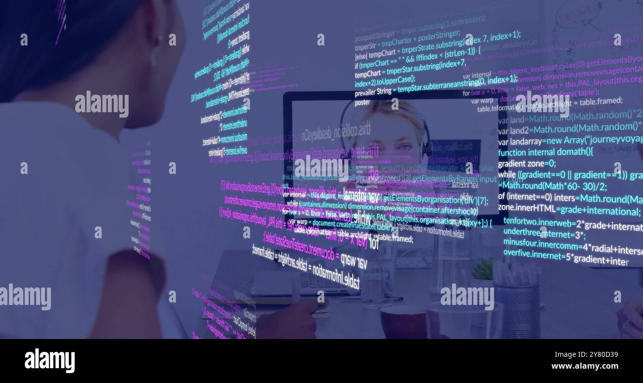 Computer code and data processing image over people working in office ...