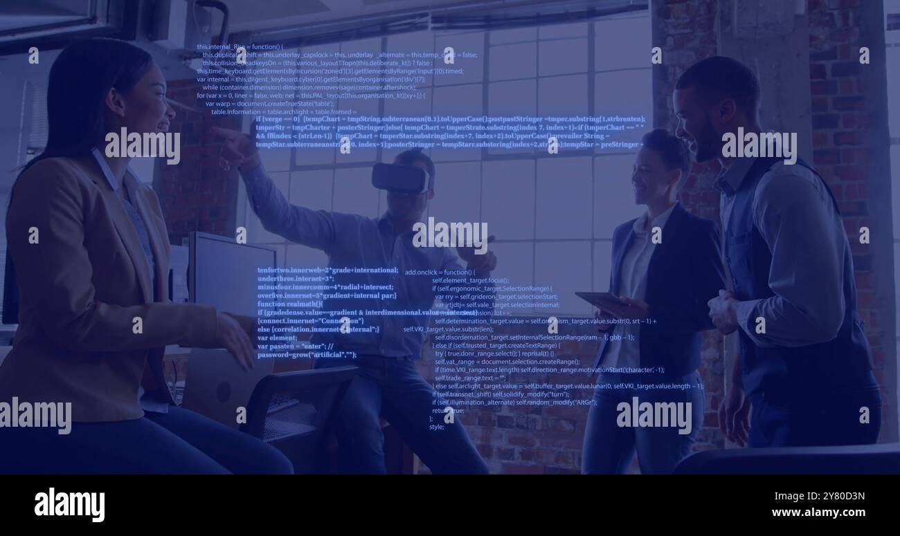 Celebrating business team in office with programming code image over ...