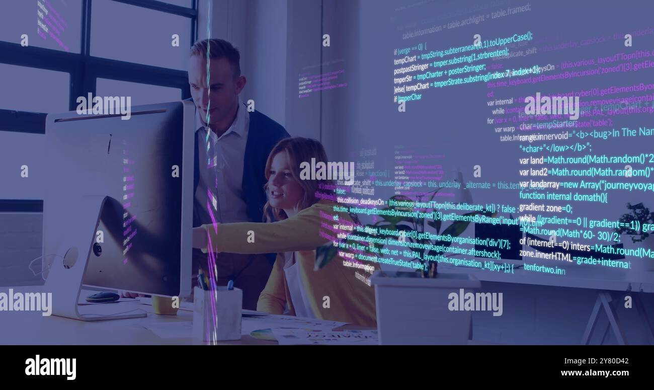 Computer code image over business people collaborating in modern office Stock Photo - Alamy