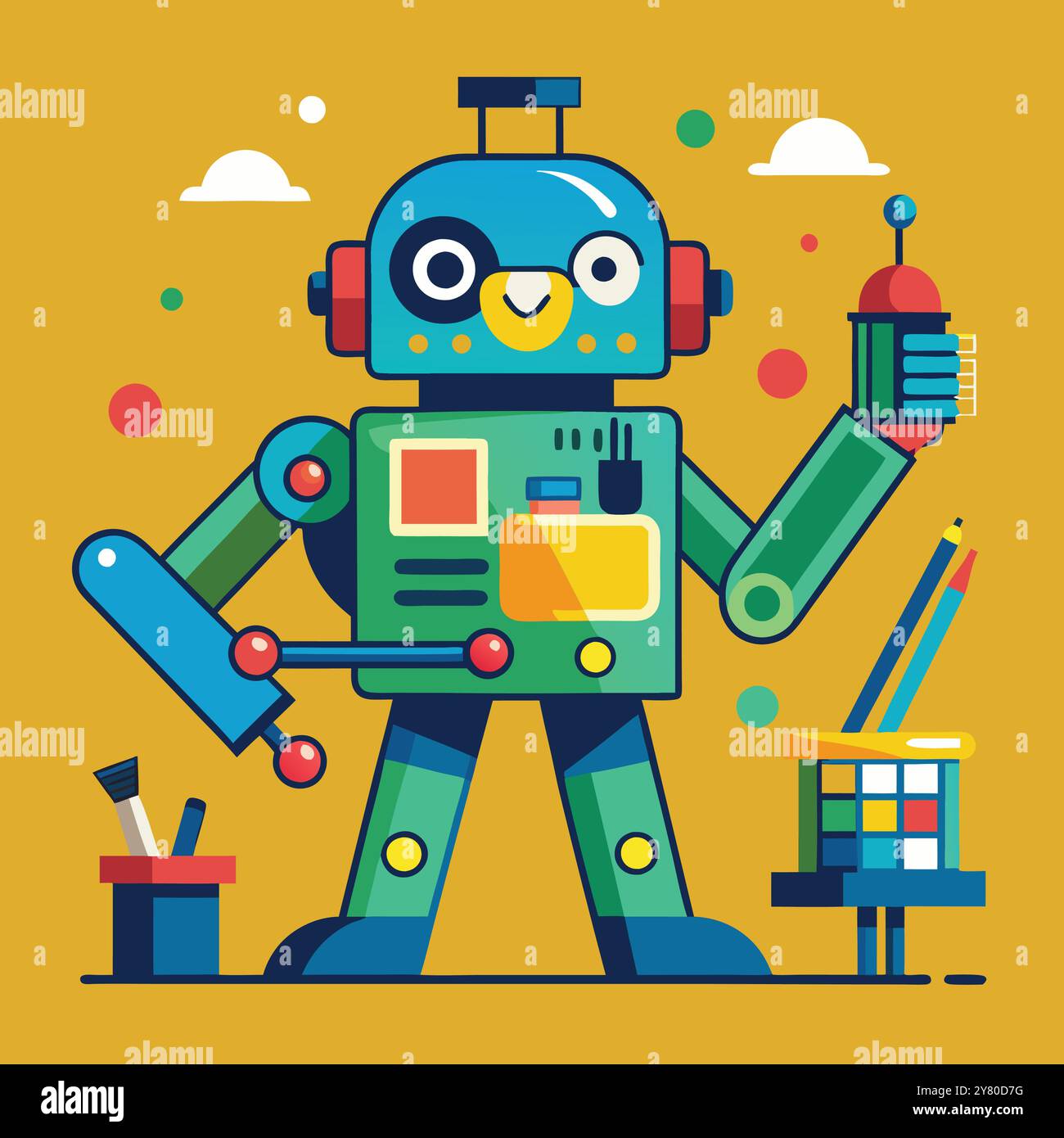 Cute robot with colorful design holding a box of pencils. Perfect for ...