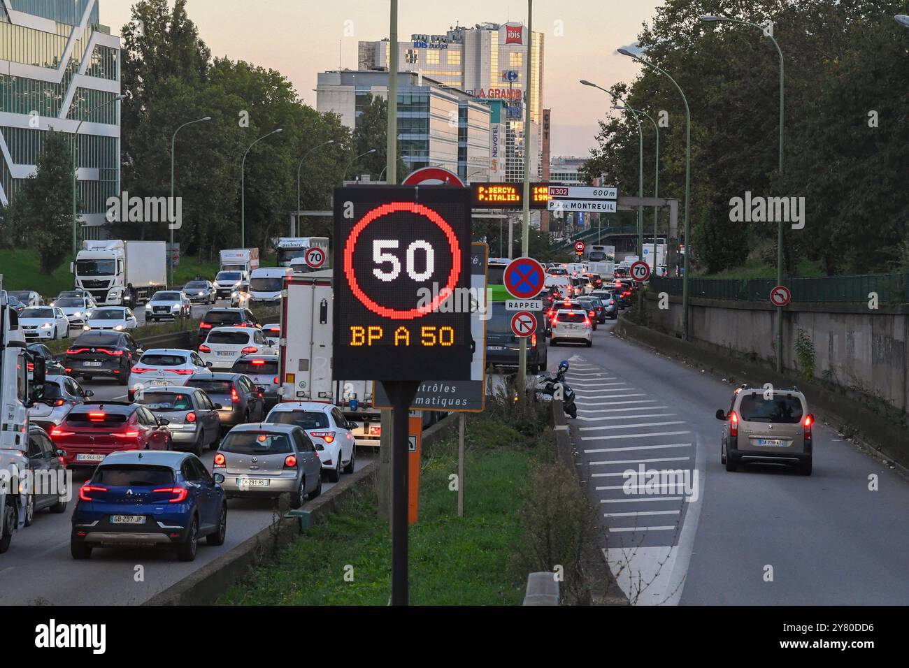 Paris, France. 01/10/2024, A 50km/h speed limit road sign is seen on ...
