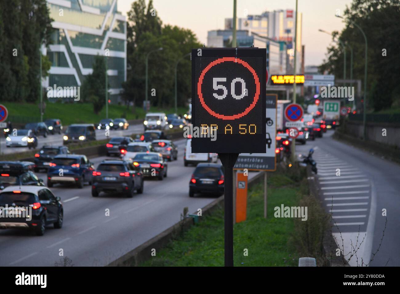 Paris, France. 01/10/2024, A 50km/h speed limit road sign is seen on ...