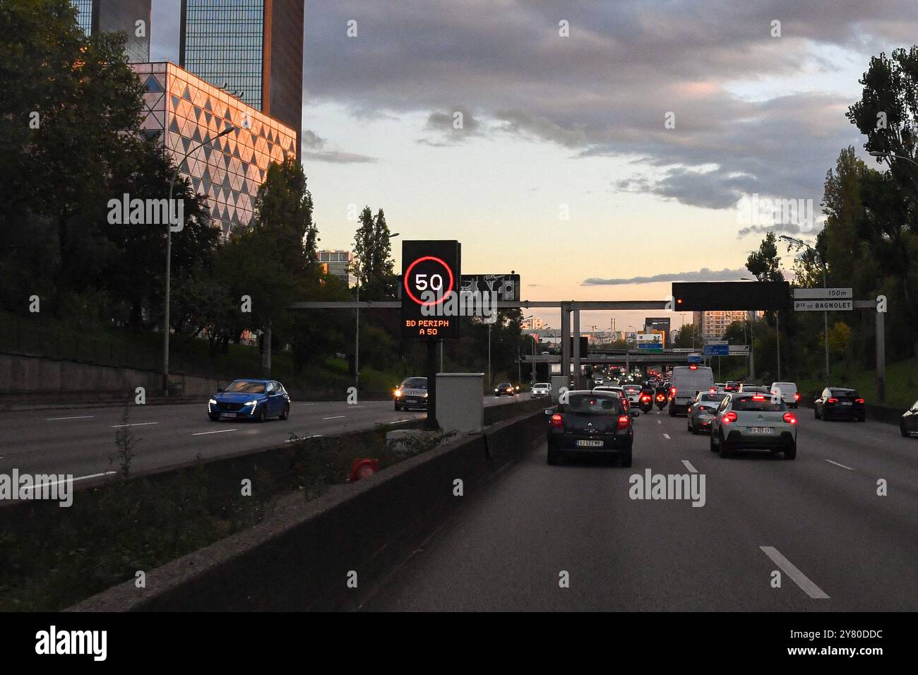 Paris, France. 01/10/2024, A 50km/h speed limit road sign is seen on ...