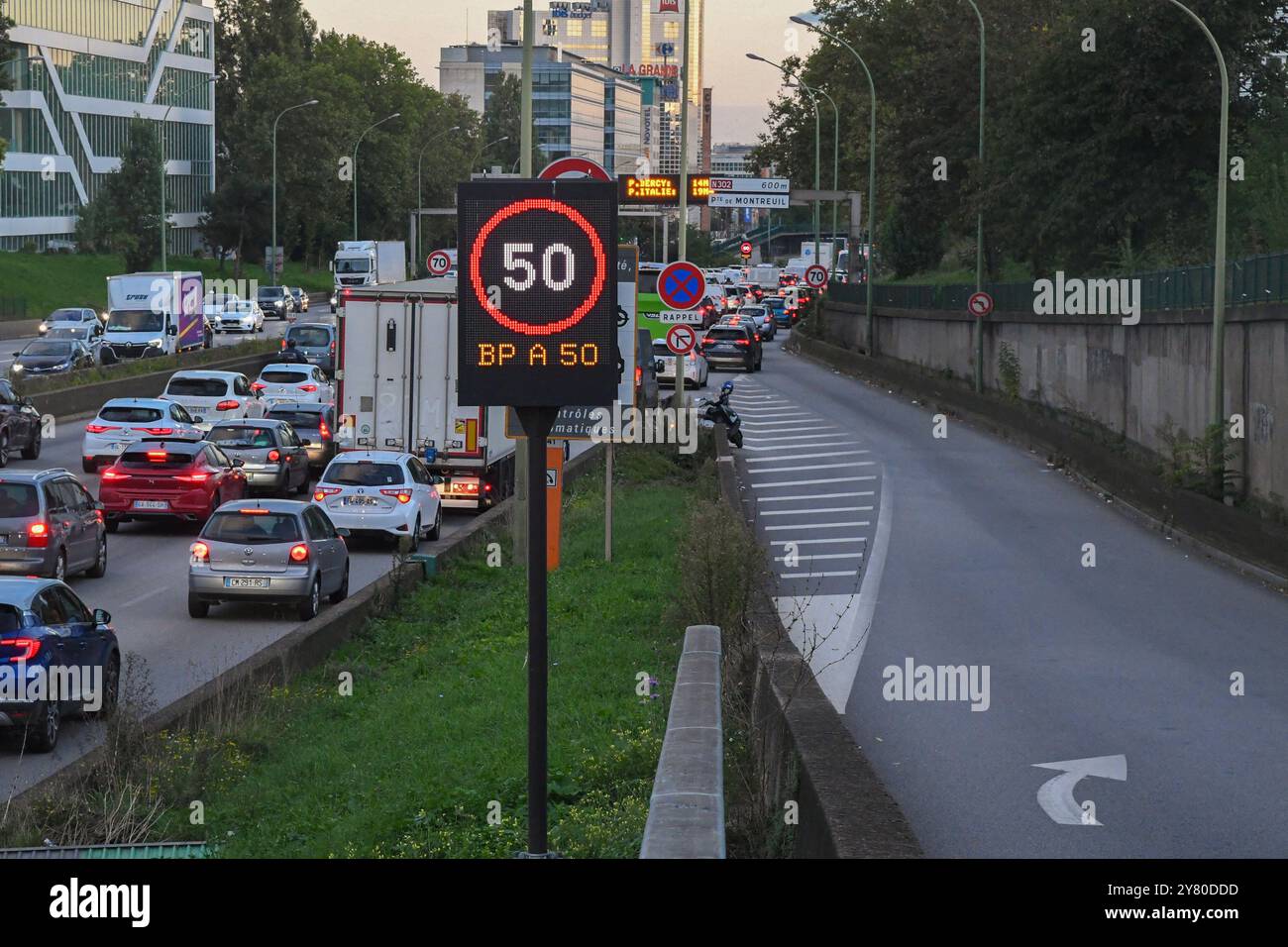 Paris, France. 01/10/2024, A 50km/h speed limit road sign is seen on ...