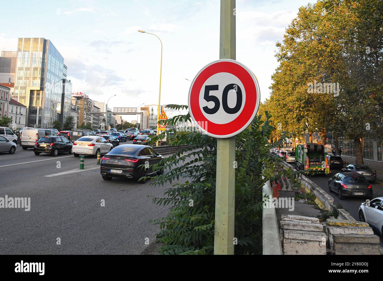 Paris, France. 01/10/2024, A 50km/h speed limit road sign is seen on ...