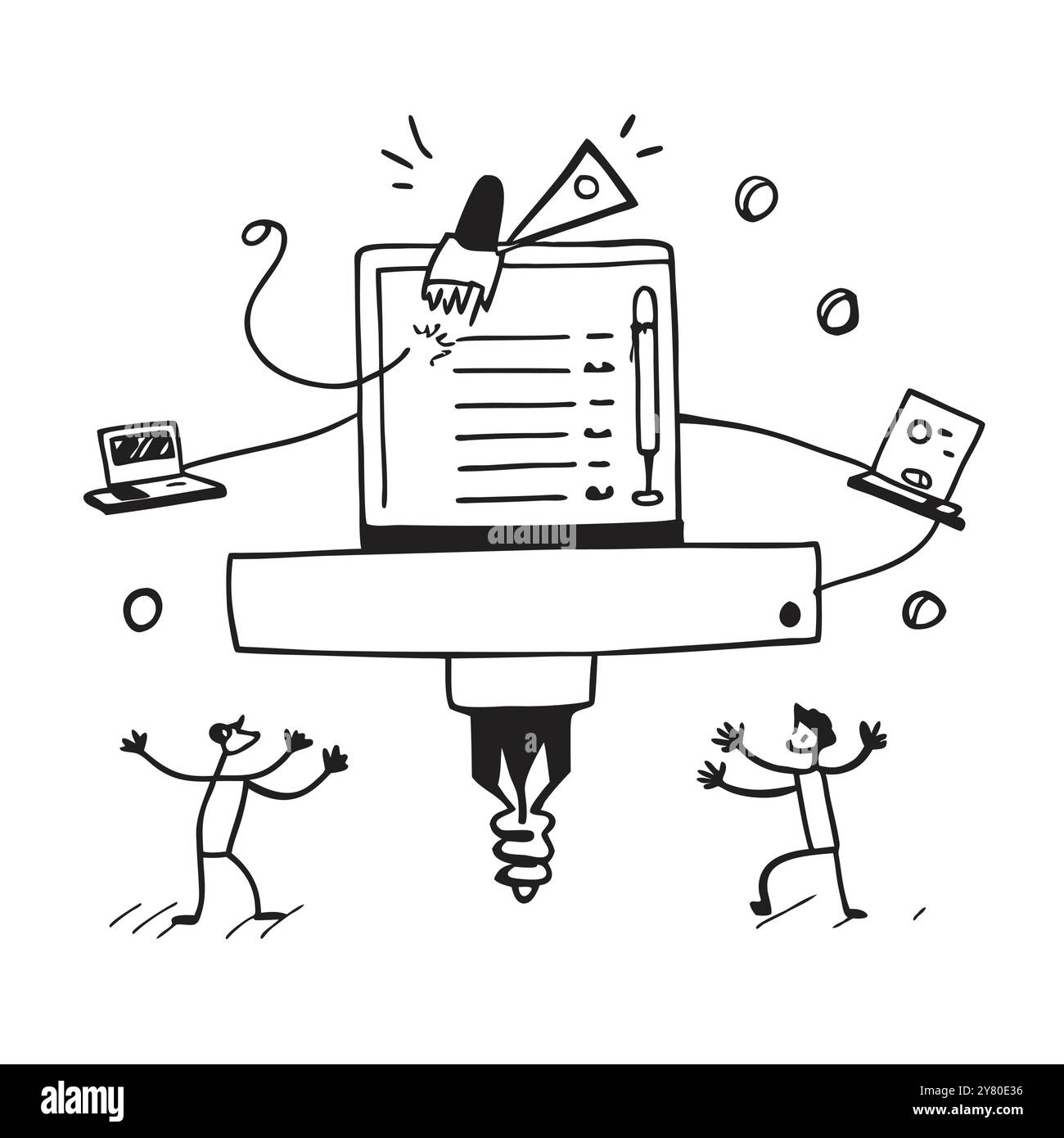 A playful illustration of a digital device being used to power up stick ...