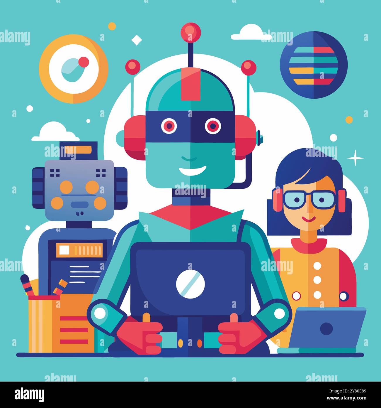 Friendly robot and human using laptops. working together. representing ...