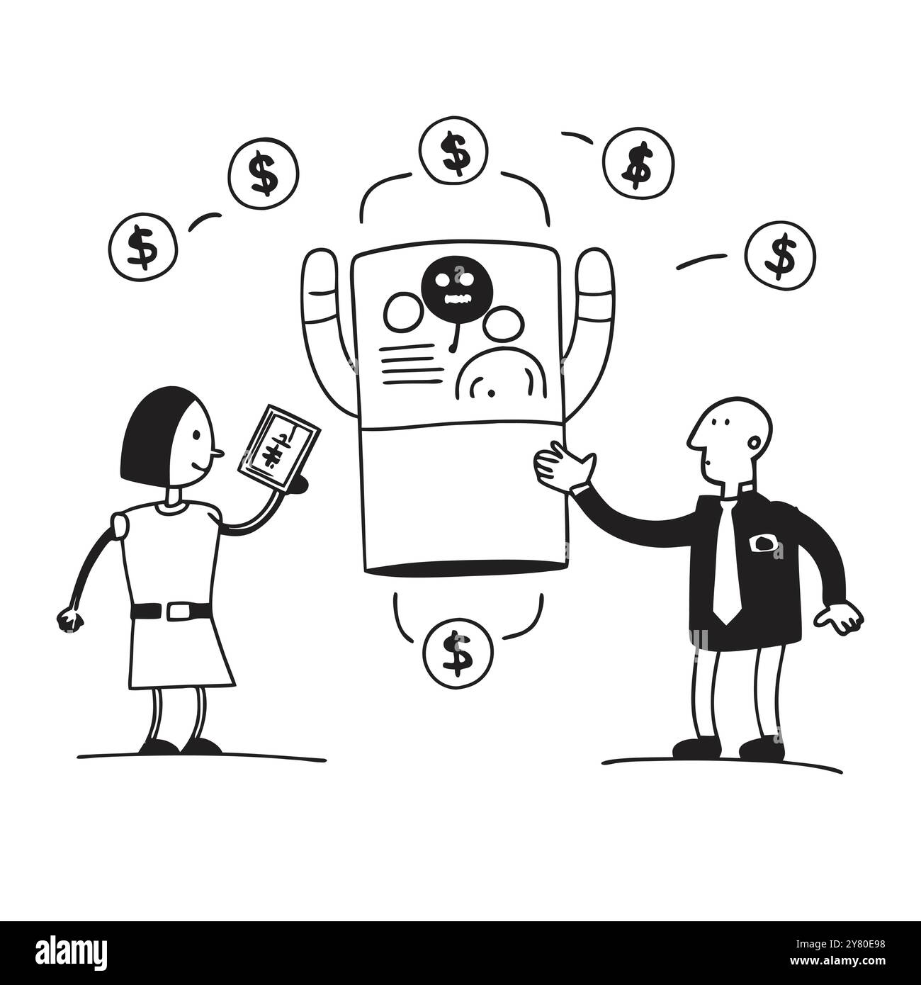 A simple cartoon illustration depicting a robot with dollar signs ...