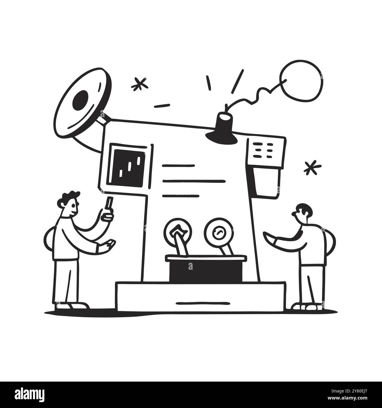 A simple line illustration of two people interacting with a large ...