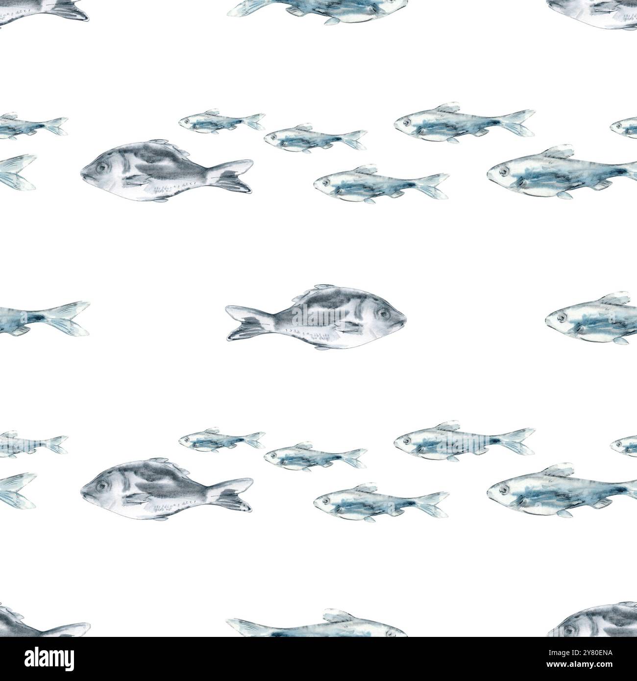 Seamless pattern of swimming fish in the lane in watercolor. A flock of ...