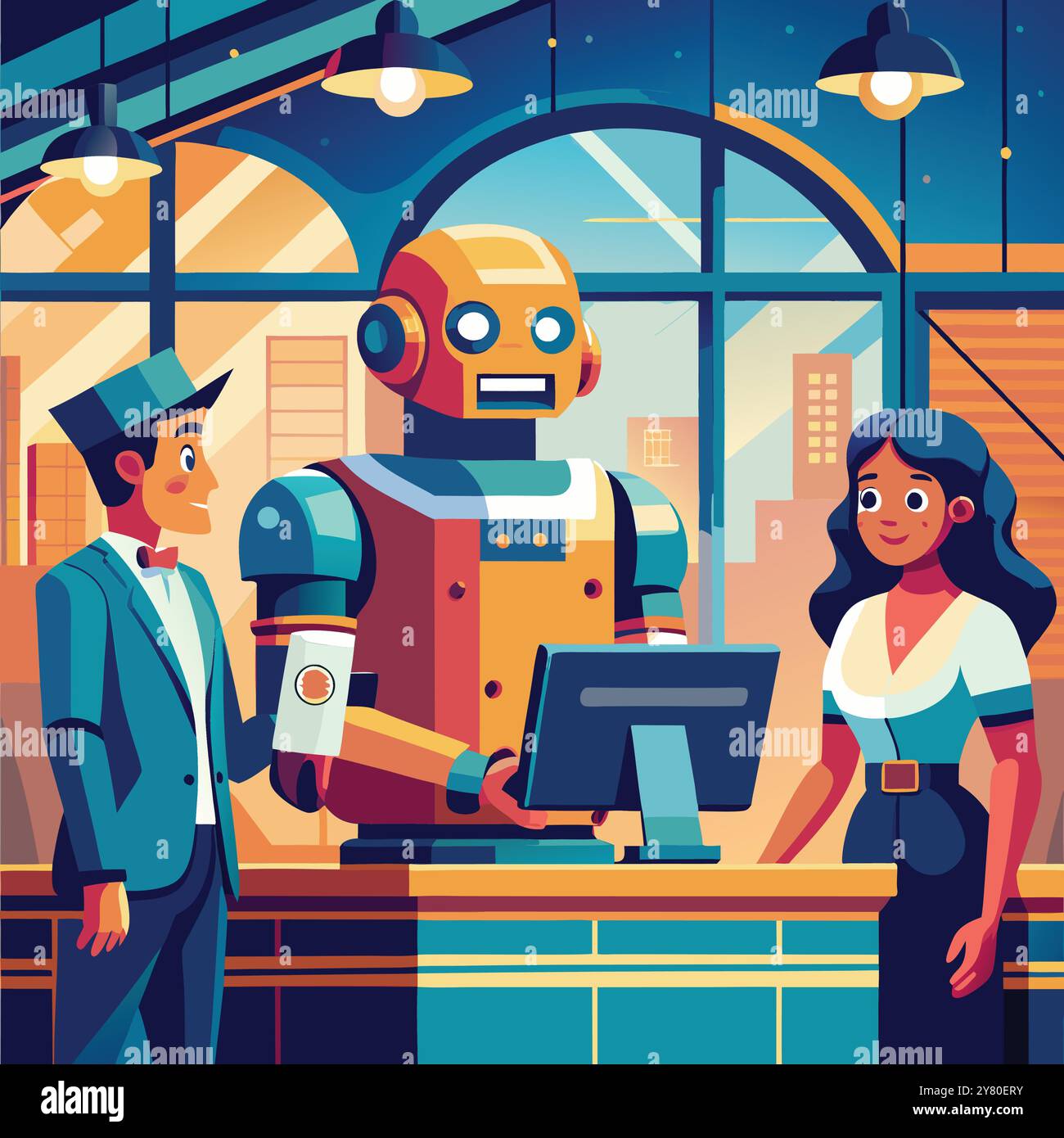 A friendly robot barista serves a customer in a futuristic coffee shop ...
