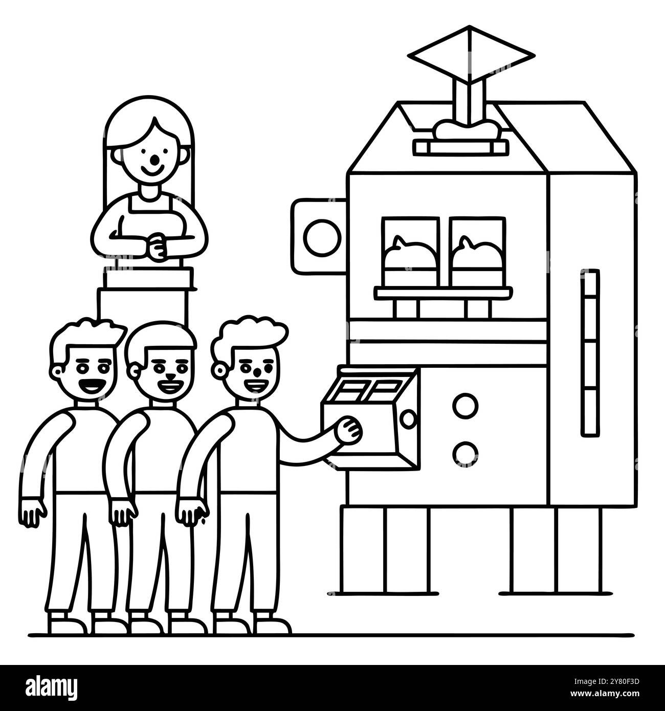 Line art illustration of people waiting in line to use a machine ...