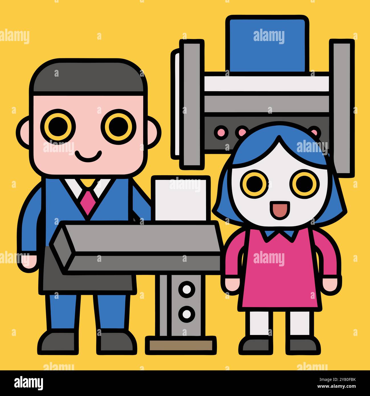Cute cartoon illustration of a man and a woman standing near a printer ...