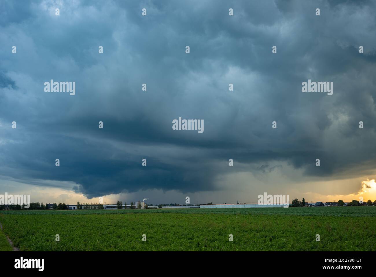 Wall cloud of a supercell thunderstorm over the green fields of Holland ...