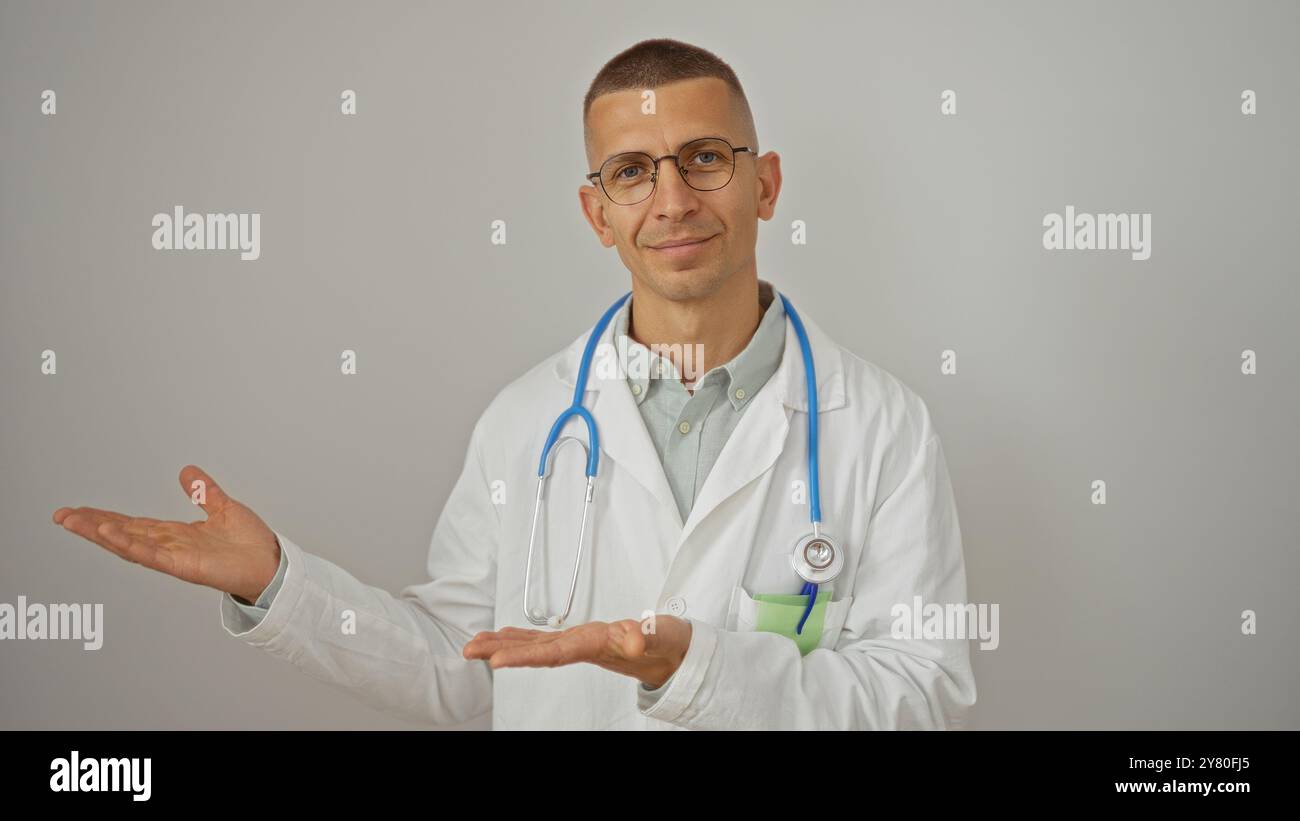 Doctor presenting with open arms in white coat and stethoscope against ...