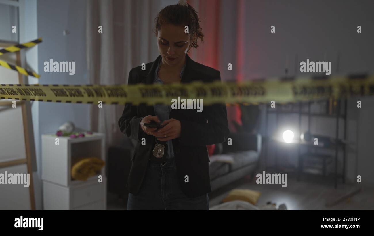 A focused young woman detective using a smartphone at a dimly-lit ...