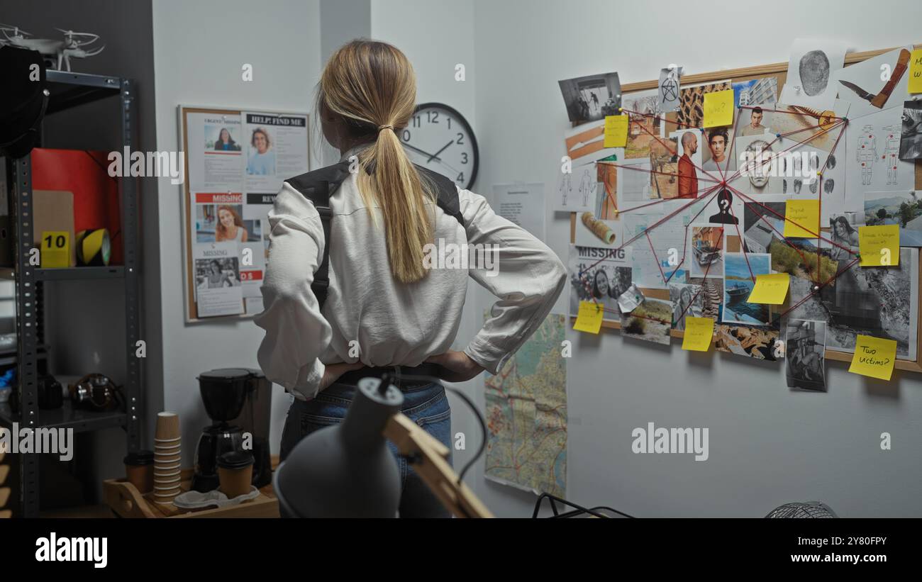 Back view of a young woman analyzing a crime investigation board in a ...