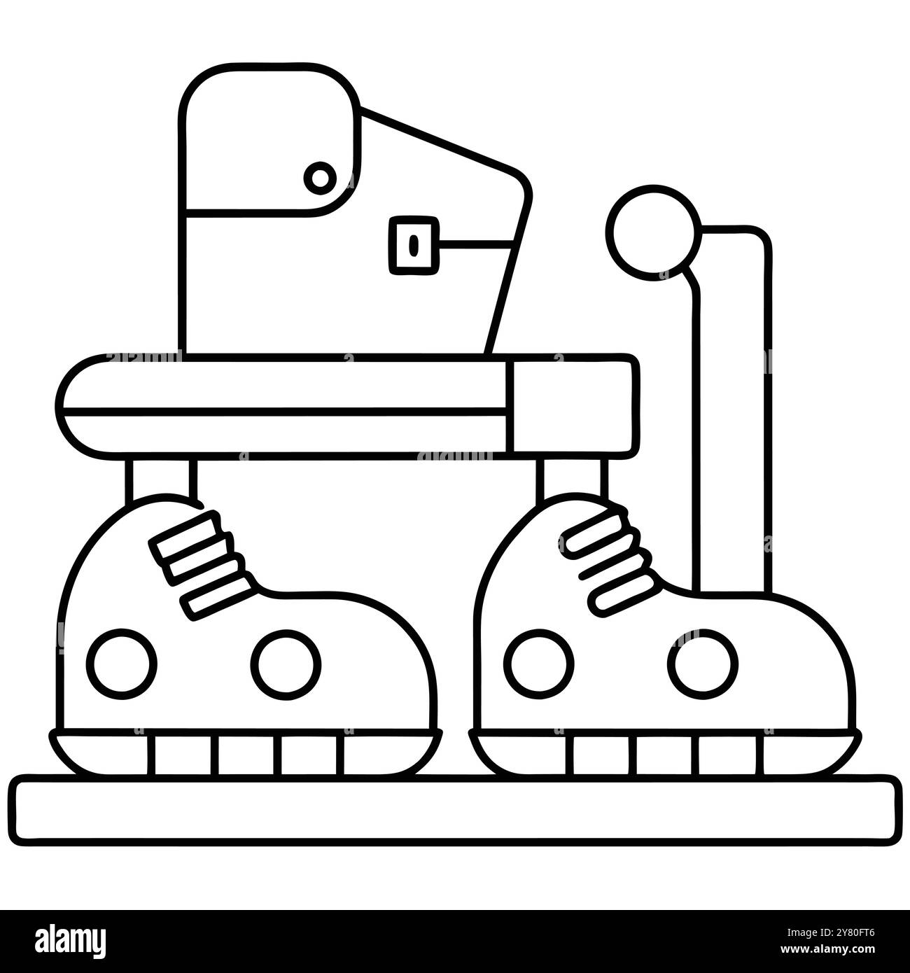 A simple line drawing of a futuristic robot or machine. It has a boxy ...